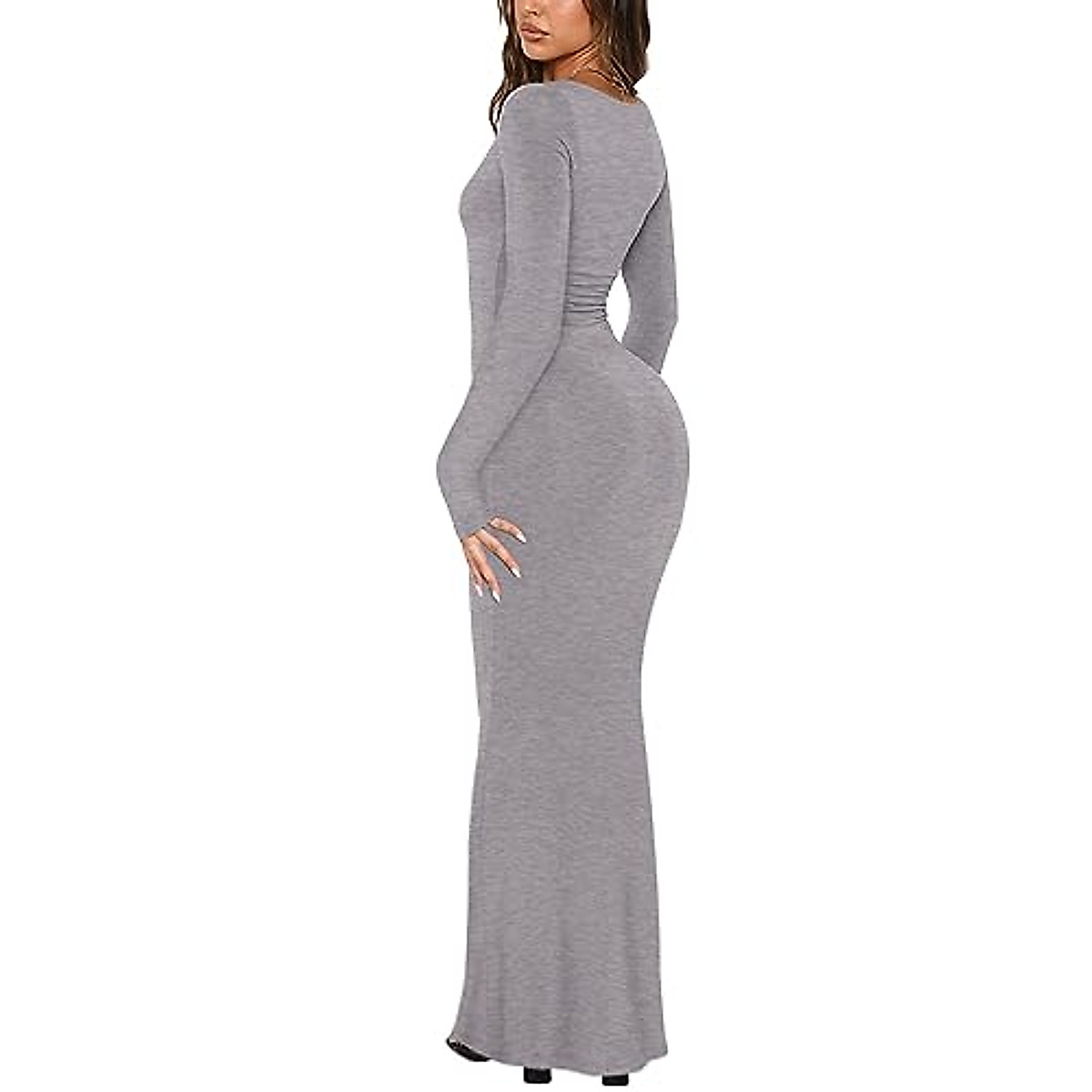 REORIA Women's Sexy Casual V Neck Long Sleeve Lounge Long Dress Elegant Fall Wedding Guest Tight Ribbed Bodycon Maxi Dresses Light Grey Small