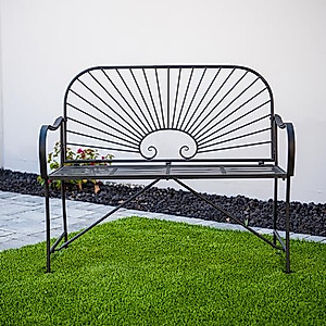 XBrand 44" L Iron Sun-Patterned Seat for Two Indoor/Outdoor, Durable Patio Bench, Black