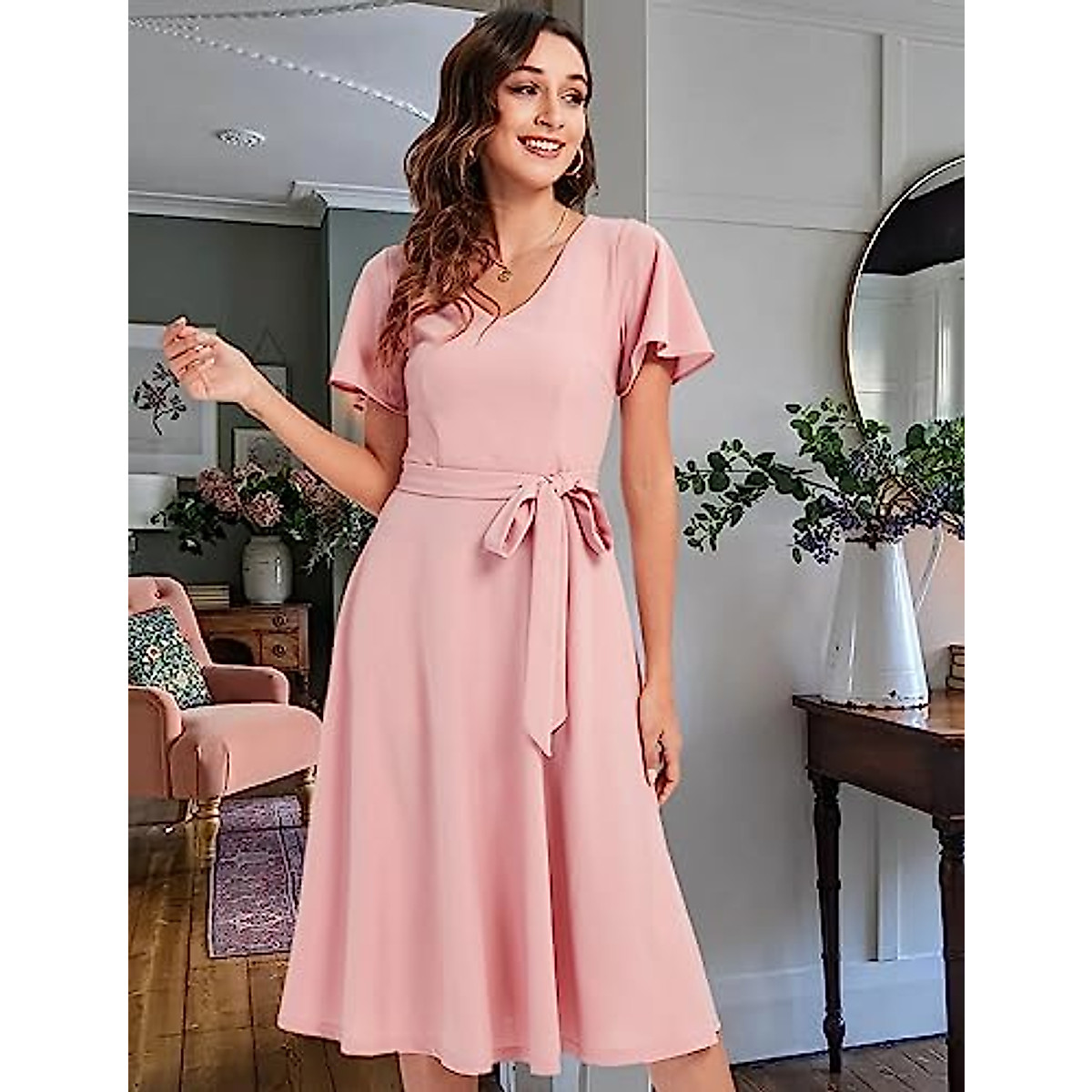 Gardenwed Cocktail Dresses for Women Wedding Guest,Fit and Flare Formal Dress with Sleeves for Homecoming Party Church Blush L