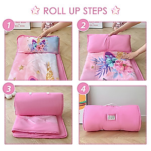 Unicorn Toddler Nap Mats for Preschool Daycare Girls Pink Cartoon Kids Sleeping Mats Toddler Slumber Bag Nap Pad with Removable Pillow for Girls Boys Kindergarten Sleepovers Travel and Camping
