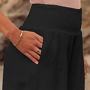 REDMORE High Waisted Wide Leg Pants for Women Summer Beach Boho Cotton Linen Palazzo Pants Casual Flowy Trousers with Pockets Black