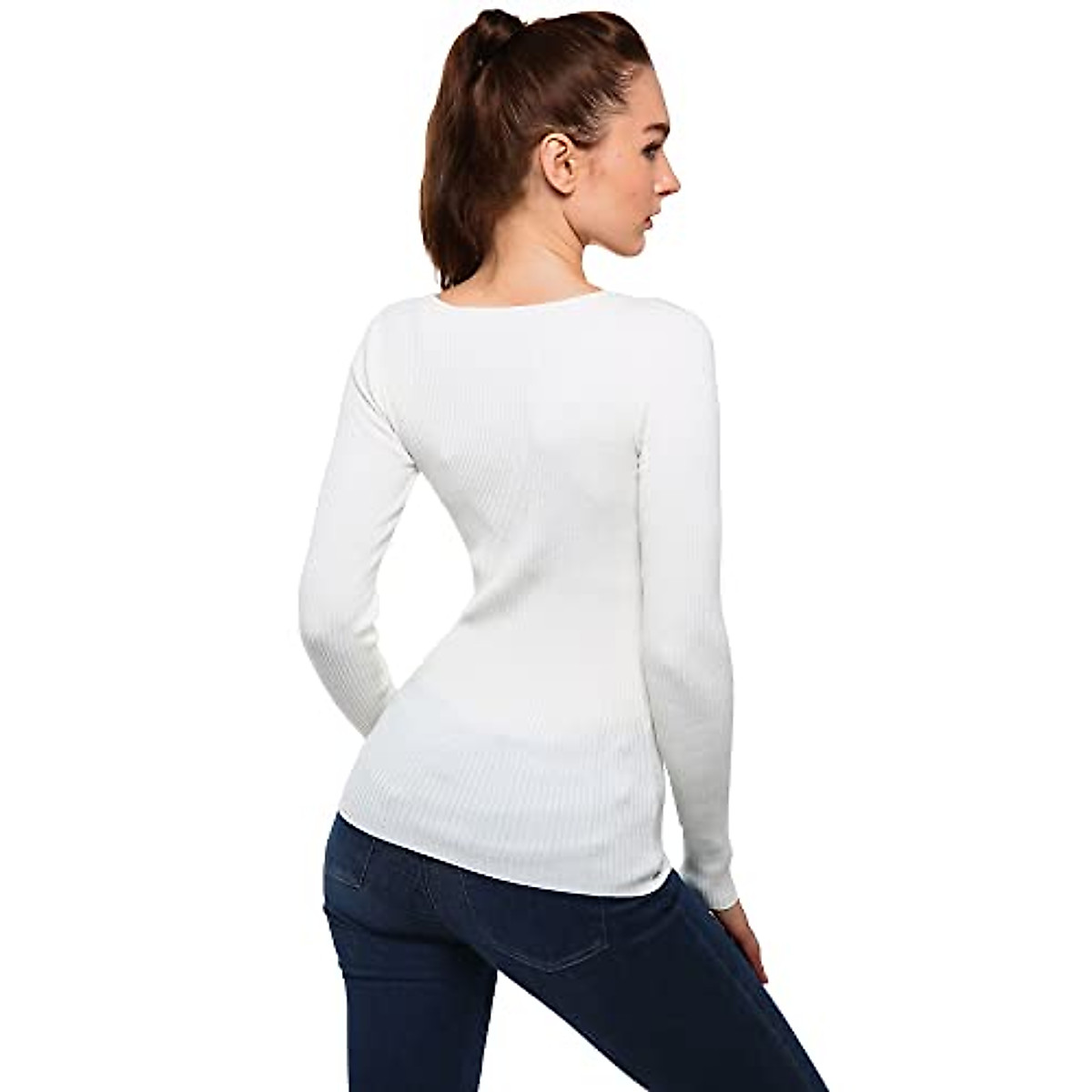 AmélieBoutik Women Scallop Trim V Neck Long Sleeve Ribbed Pullover Sweater (Ivory White Large)