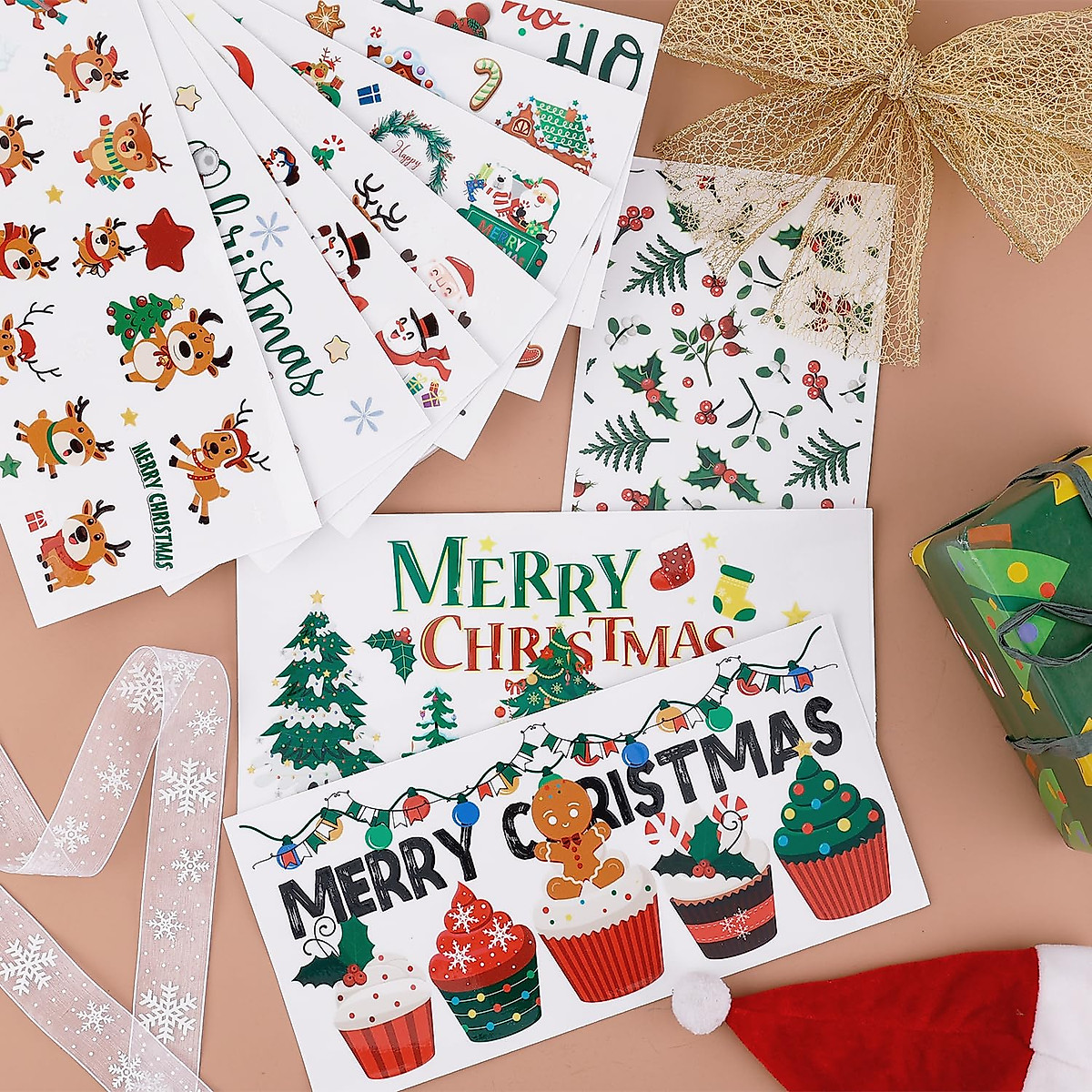 10 Sheets DTF Transfer Sticker, Christmas Transfer Stickers for 16oz Glass Cups Waterproof DTF Cup Wrap Gnomes Gingerbread Men Santa Claus Patterns Rub on Transfers for Glass Crafts