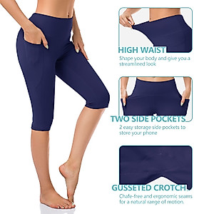 HISKYWIN Women's Knee Length Leggings Capris High Waisted Yoga Workout Exercise Casual Summer Shorts with Pockets HF850-Indigo Blue-M