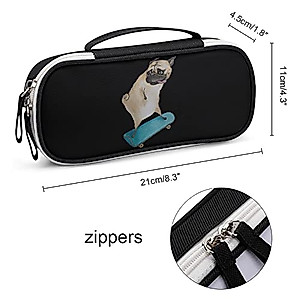 Skateboard Pug Dog PU Leather Pencil Pen Case Organizer Travel Makeup Handbag Portable Stationery Bag