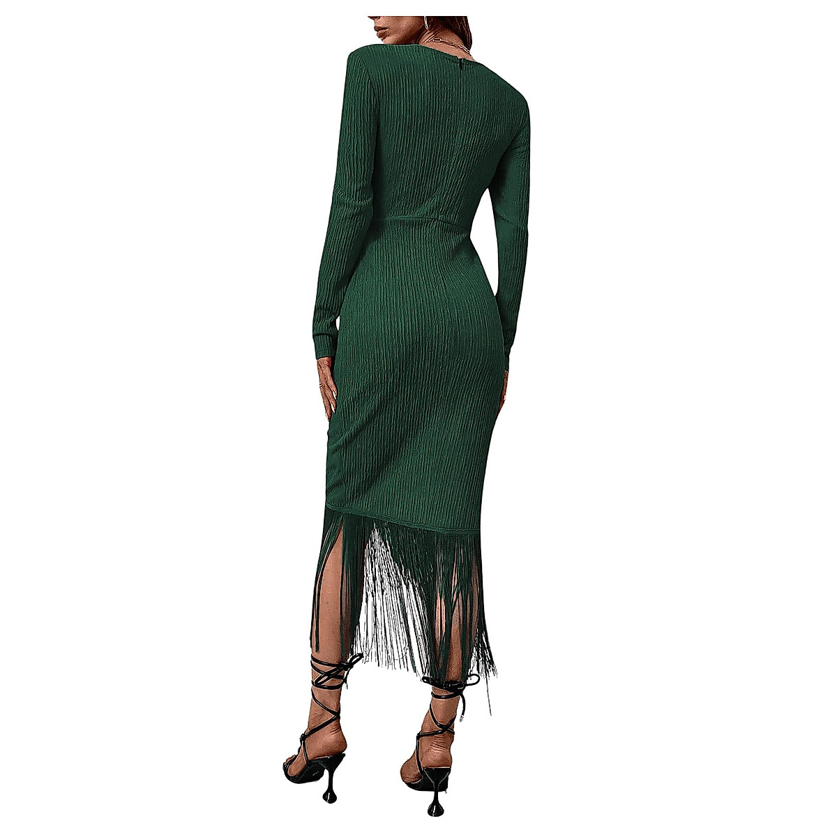 WDIRARA Women's Fringe Wrap Ruched V Neck Long Sleeve Solid Bodycon Party Maxi Dress Dark Green XL