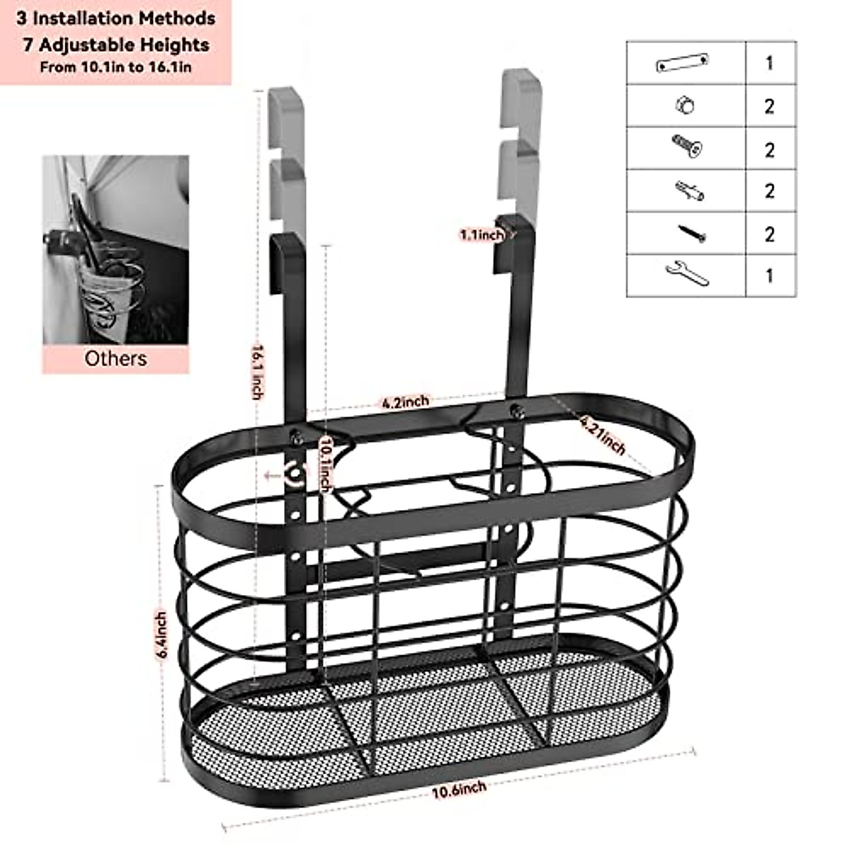 Hair Dryer Holder 3 in 1 Hair Tool Organizer Djustable Height Wall Mounted/Cabinet Door Bathroom Organizer Under Sink for Hair Dryer, Flat Irons, Curling Wands, Hair Straighteners