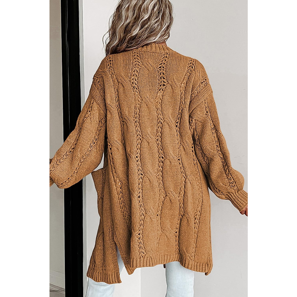 Dokotoo Long Cardigans for Ladies Open Front Lightweight Side Split Fall Knit Cute Womens Sweaters Fall 2023 with Pockets Trendy Clothing,Khaki Large