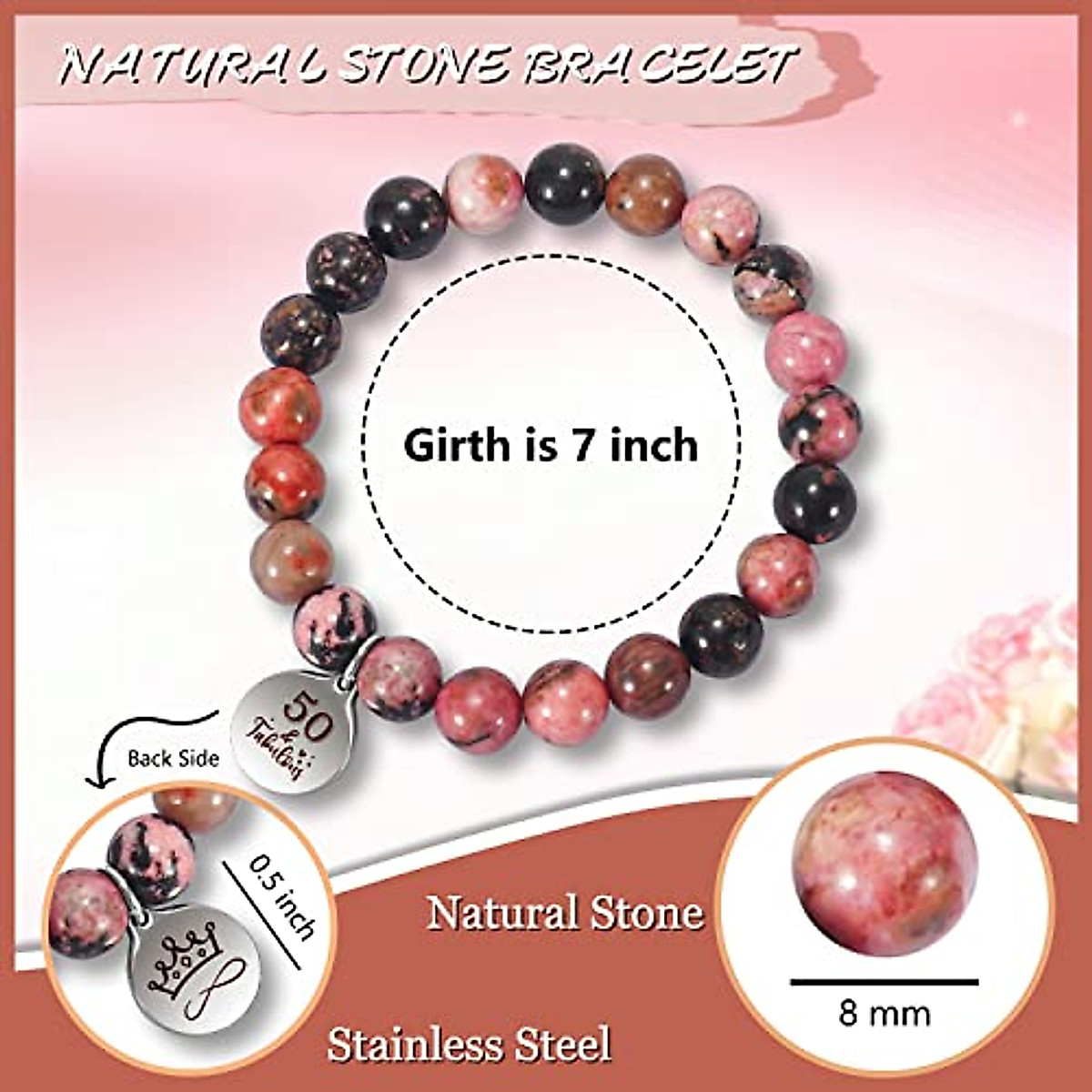 Sensi Blue 50th Birthday Gifts for Women, Happy 50th Birthday Gifts For Mom Auntie Grandma Wife Friend Sister, Fabulous 50 Like a Queen, Natural Stone Crown Bracelets