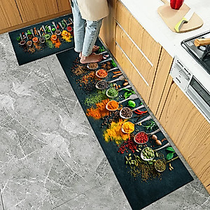 GUBIYU Cooking Herbs Spices Kitchen Rugs Kitchen Mat Bath Rug Floor Door Mats Non Slip Doormat Soft Runner Carpet Home Decor Chili Pepper Decorations Mats for Kitchen Floor 17.7X29.5+17.7X59 Inches