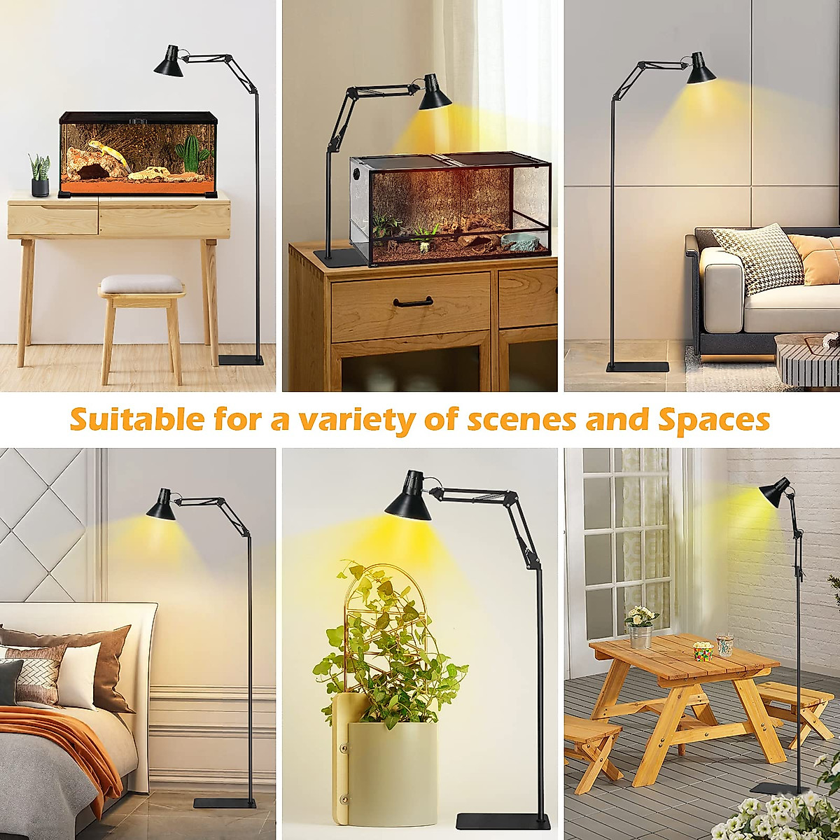 Extra Tall Reptile Heat Lamp Floor Light Stand Fits E26/E27 Bulbs (Not Included) 250W Max Wire Adjustable Swing Arm Terrarium Stand Reptile Plant Light Fixture Lamp Holder