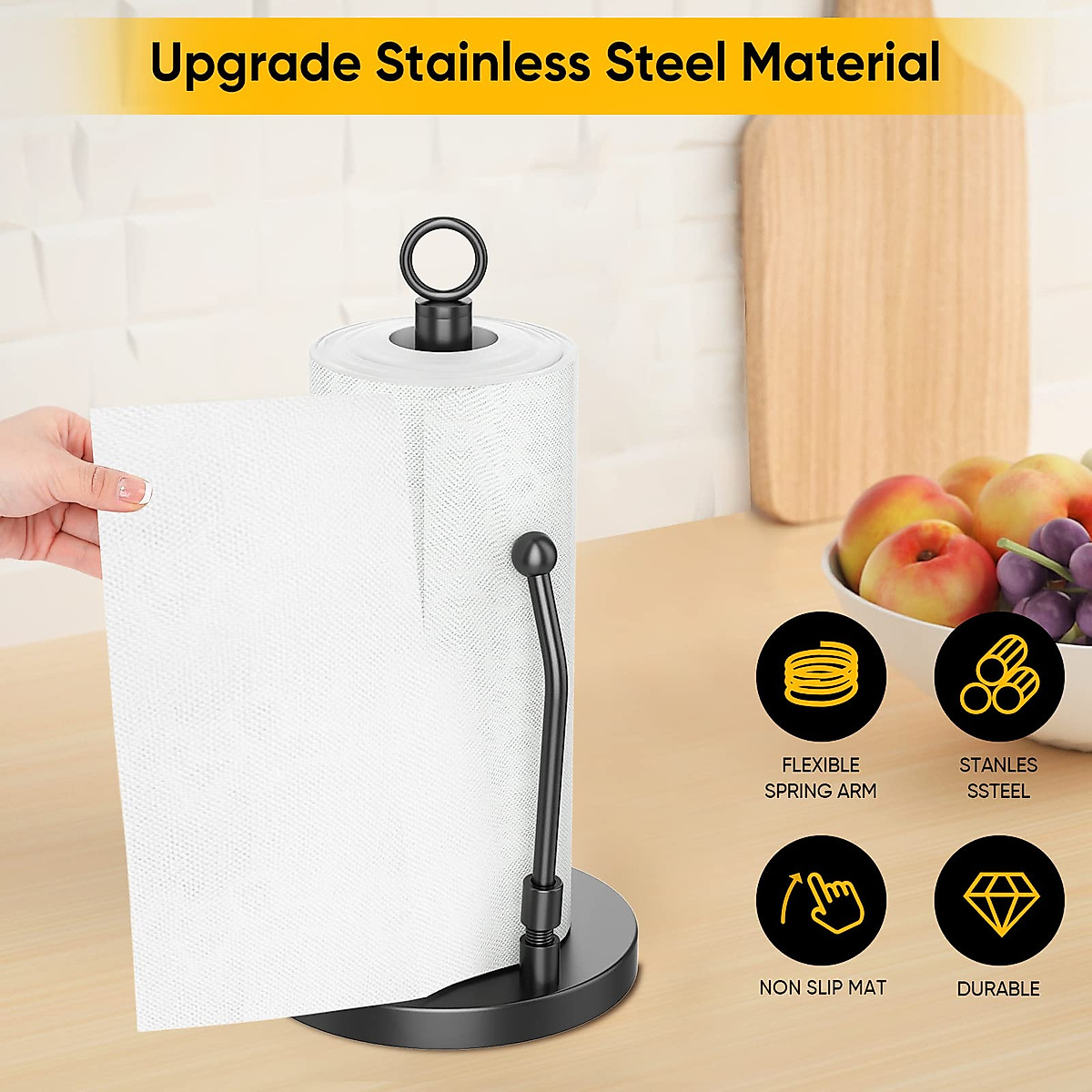 Paper Towel Holder Stainless Steel - One Hand Tear Paper Towel Dispenser Standing Weighted Base Non Slip, Spring Arm, Stainless Steel Paper Towel fits in Kitchen Bathroom Countertop Black