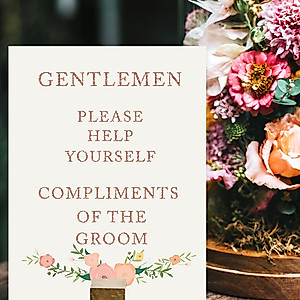 Andaz Press Wedding Party Signs, Faux Rose Gold Glitter with Florals, 8.5x11-inch, Ladies Gentlemen Bathroom Basket Compliment of Bride Groom, 2-Pack, Colored Decorations