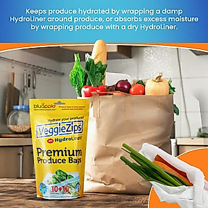 Bluapple VeggieZips Premium Produce Storage Bags - 10 Produce Food Saver Bags + 10 HydroLiners to Keep Produce Fresh Longer - Washable & Reusable Bags for Humidity Control for Fruits and Vegetables