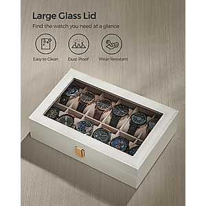 SONGMICS Watch Box, 12-Slot Watch Case with Large Glass Lid, Removable Watch Pillows, Watch Box Organizer, Gift for Loved Ones, Cloud White Synthetic Leather, Cappuccino Beige Lining UJWB120W01