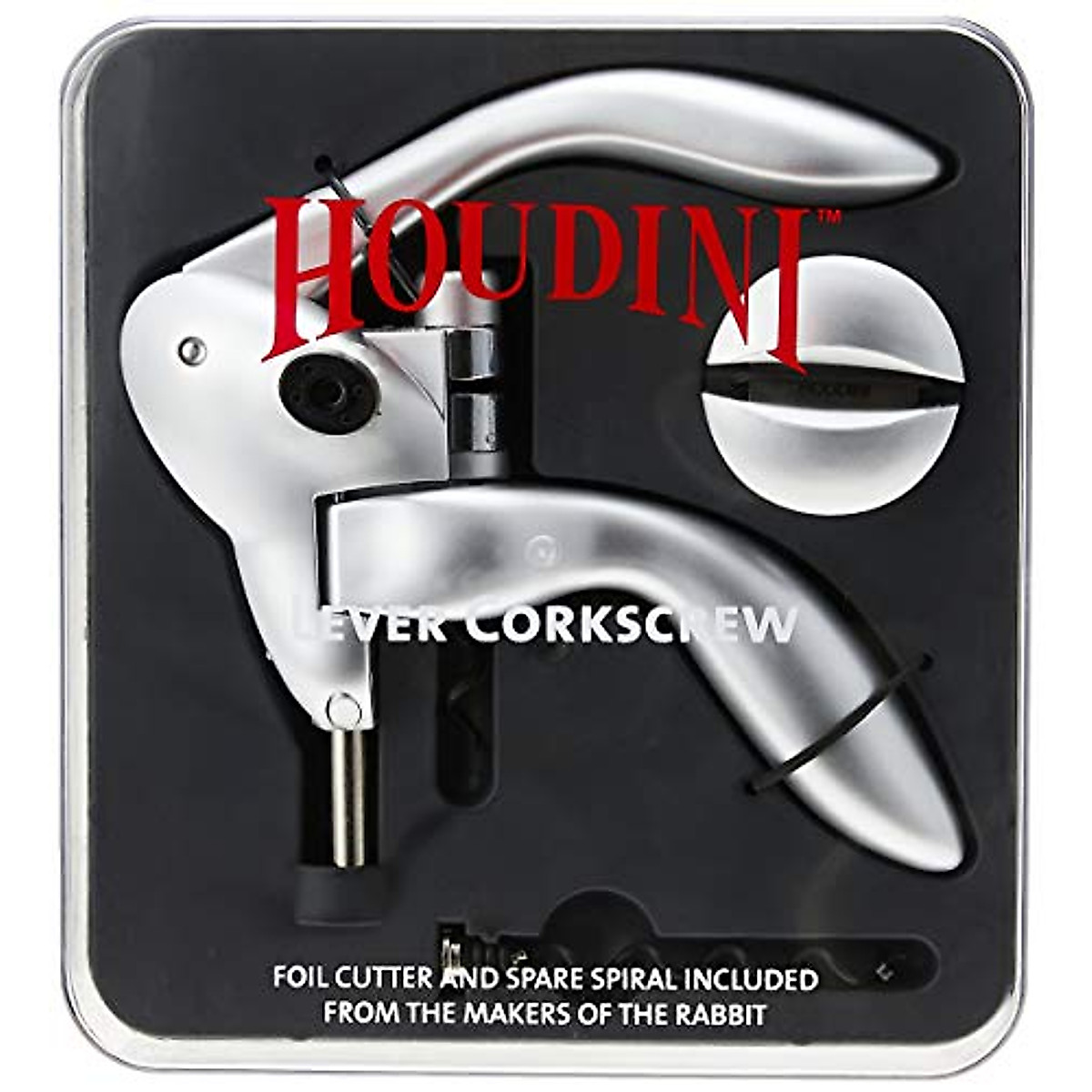 Houdini Lever Corkscrew with Foil Cutter and Extra Spiral (Silver)