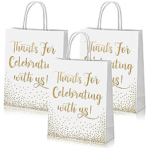 30 Pcs Gold Wedding Welcome Bags for Hotel Guests Thanks for Celebrating with Us Paper Bags Medium Size Foil Wedding Gift Bag with Handle For Bridal Shower Party Favor (White, 7.48 x 5.9 x 2.76 Inch)