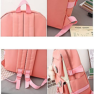 4PCS Canvas School Backpack Combo Set with Kawaii Teddy Bear Pendant Pin Cute Aesthetic Laptop Schoolbag Shoulder Tote Bag (Blue)