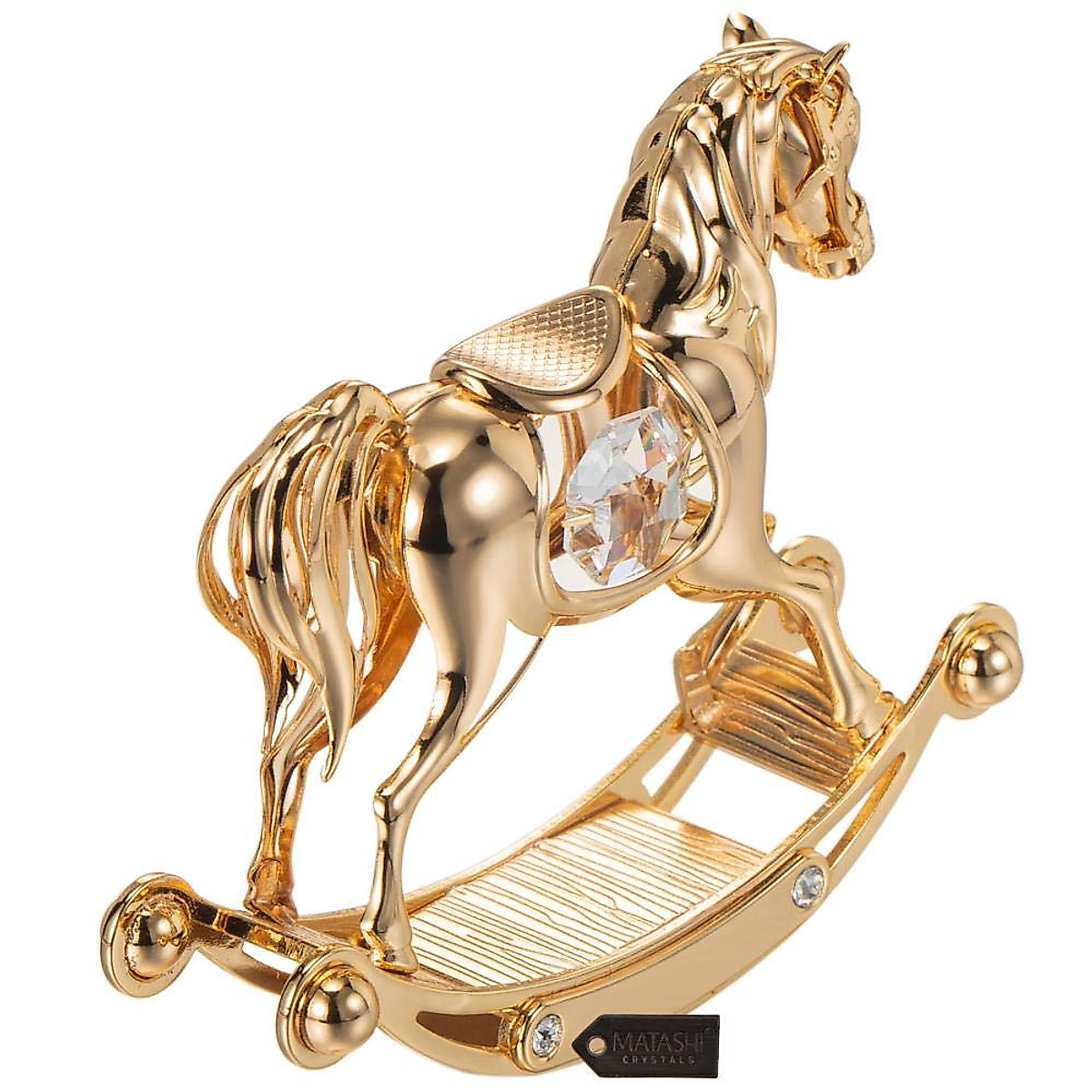 Matashi 24K Gold Plated Crystal Studded Rocking Horse Ornament Home Office Desk Decor Tabletop Decorative Showpeice Gift for Christmas Valentine's Day Mother's Day Birthday Gift for Mom Dad Girlfriend
