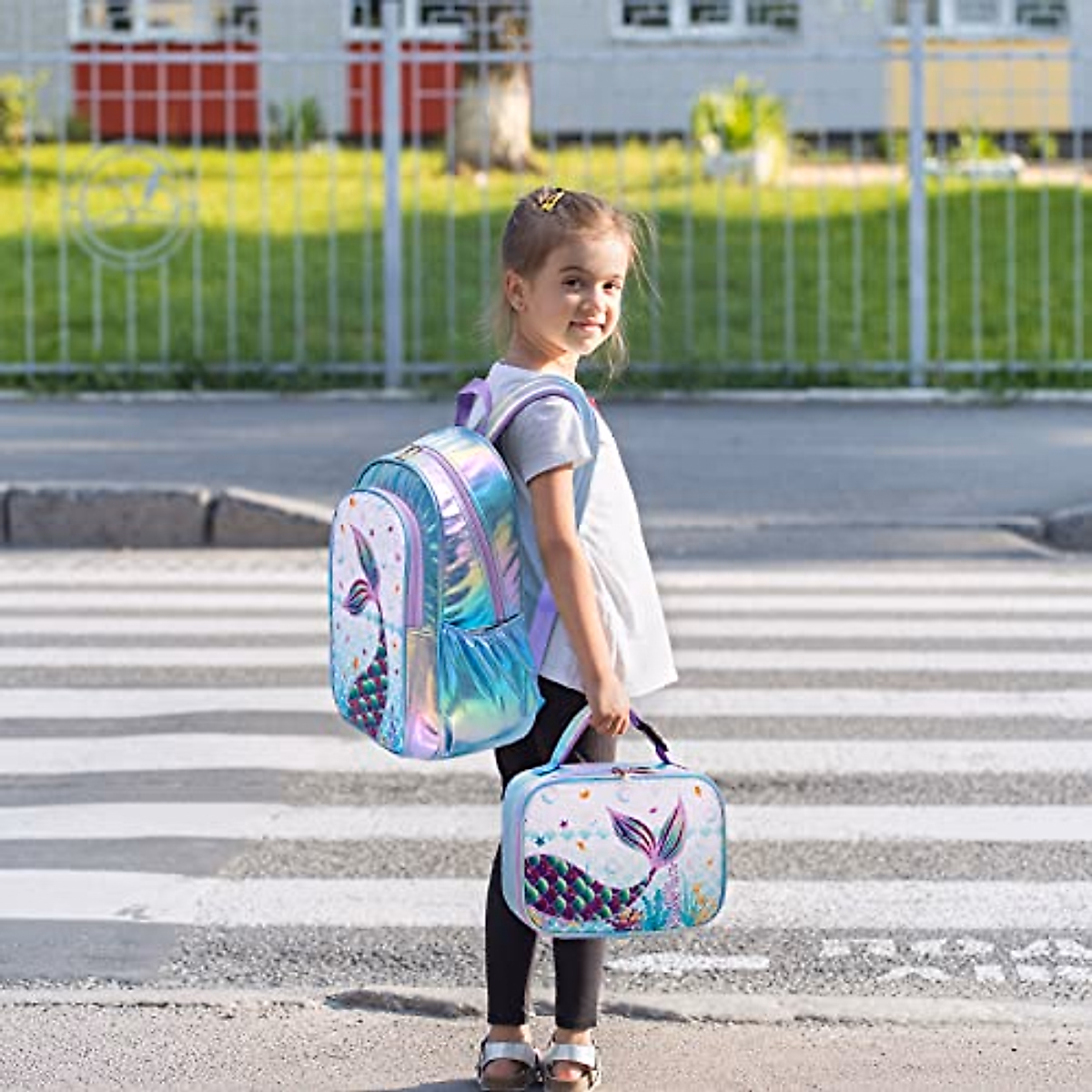 WAWSAM Glitter Mermaid Backpack Set - Sparkly School Backpack with Lunch Box for Girls Preschool Kindergarten Elementary 15” Blue Hiking Travel Book Bag Schoolbag Insulated Lunch Bag