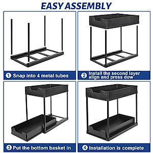 Under Sink Organizer, Sliding Cabinet Basket Organizer 2 Tier Under Bathroom Storage Rack with Hooks, Multi-purpose Storage Shelf for Bathroom Kitchen (White, 2 Pack)