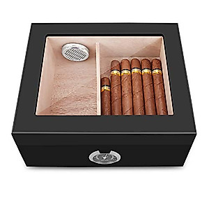 Cigar Humidor, Spanish Cedar Wood Cigar Desktop Box, Glass Top for 25-50 Cigars Luxury Hygrometer and Humidifier, Desktop Humidors Gloss Black