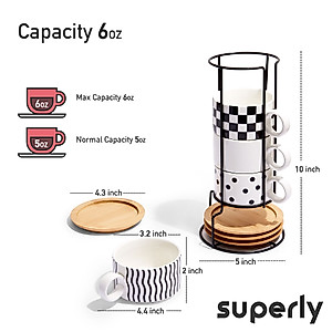SUPERLY Stackable Espresso Cups Set of 4 - Espresso Mugs with Wooden Saucers, Metal Stand - Durable Porcelain Espresso Cup - Easy To Clean, Dishwasher-Safe - Modern Coffee, Latte, Tea Mug Set - 6 Oz