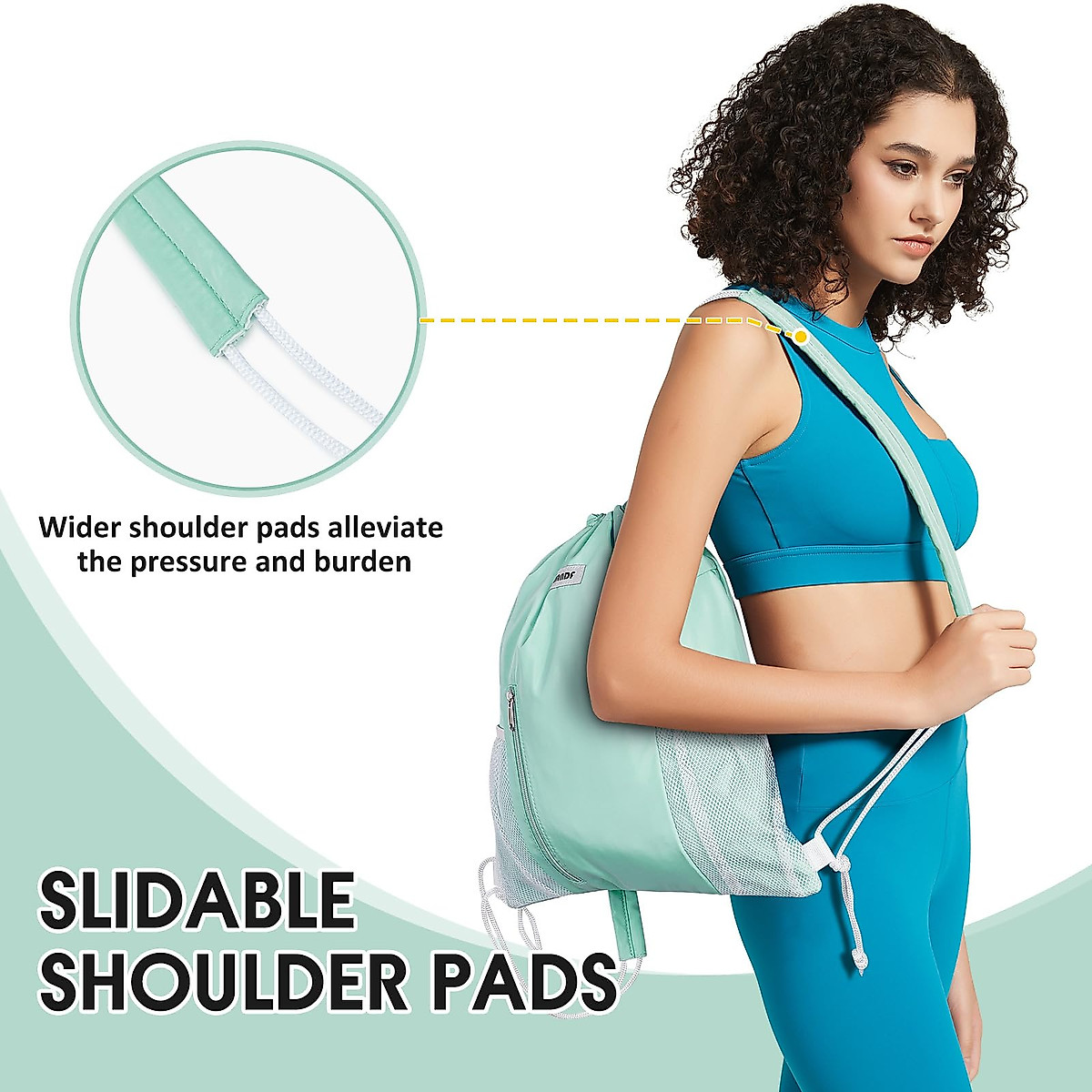 WANDF Drawstring Backpack with Shoulder Pad Sports Gym Backpack with Mesh Pocket String Bag for Women Men(Mint green)