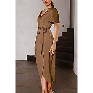 PRETTYGARDEN Women's Summer Formal Midi Satin Dress Short Sleeve V Neck Belted Cocktail Party Ruched Dresses (Brown,Large)