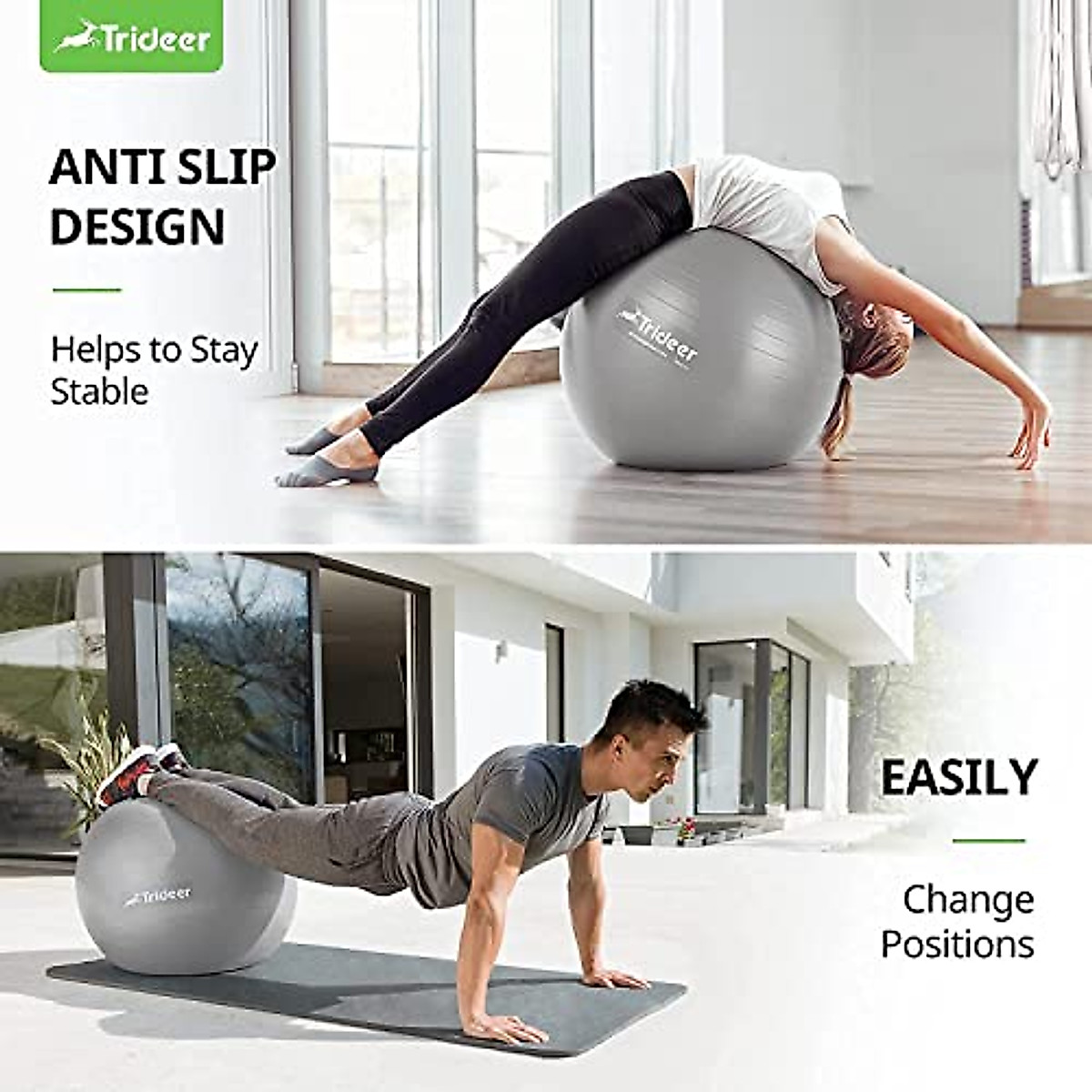 Trideer Extra Thick Yoga Ball Exercise Ball, 5 Sizes Ball Chair, Heavy Duty Swiss Ball for Balance, Stability, Pregnancy, Physical Therapy, Quick Pump Included (Gray, XL (68-75cm))