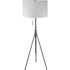 SH Lighting 58"-72" Adjustable Floor Lamp - Tripod Base, Drum KD Shade and Pull Chain Switch - Great for Bedroom, Living Room, Office (Brushed Steel, White)