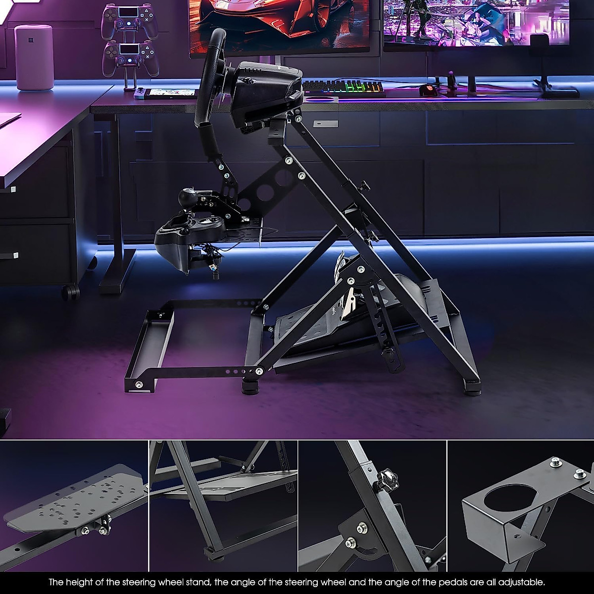 Hottoby X-Shaped Foldable Racing Steering Wheel Stand With Seat Fixing Slot and Water Cup Holder Fit for Logitech/Thrustmaster/Moza G29, G920, G923, T300RS Adjustable Racing Simulator Cockpit No Wheel