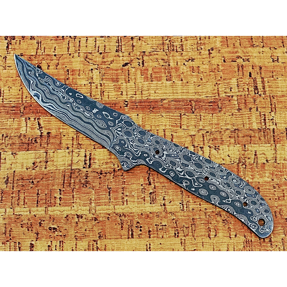 9 inches long Rain drop pattern Damascus steel Trailing point blank blade, knife making supplies, 4.5 inches long straight back scale with 3 pin and a lace holes, 4 inches cutting edge