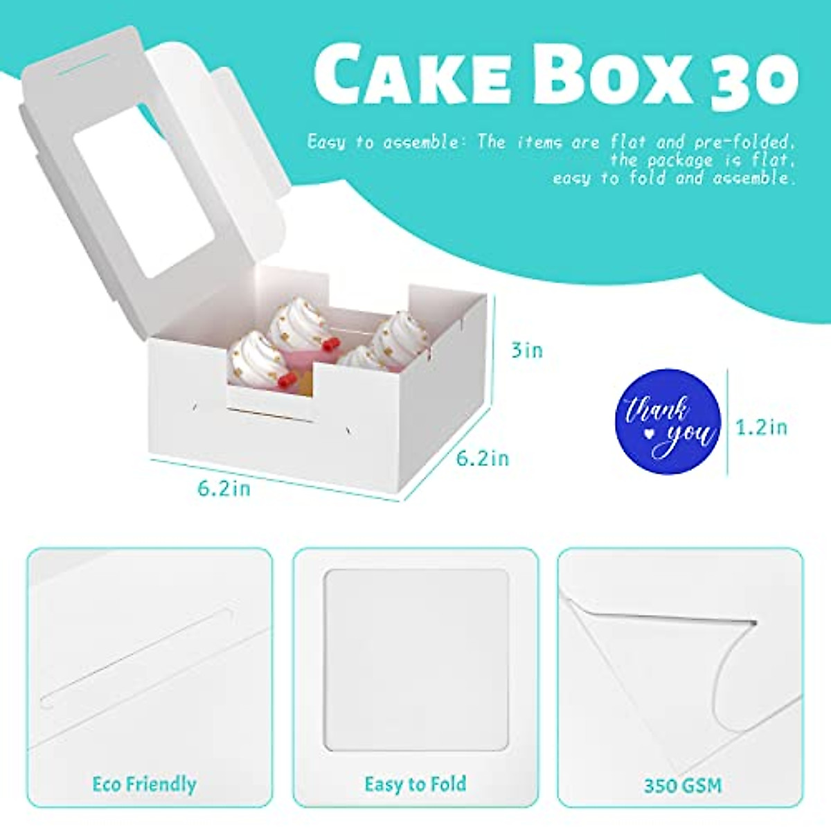 Feelfine 30pcs Cake Boxes 6x6x3 Inches White Bakery Boxes with Window Small Pastry Boxes Cookie Boxes Dessert Boxes for Cookies, Strawberries, Cupcakes, Pastries, Donuts