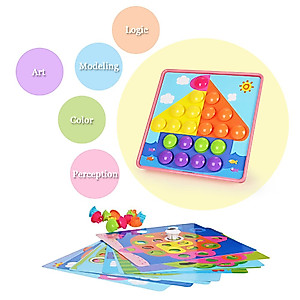 EINSTEM Button Art Toddler Toys Age 3+ Year Old, Early Learning Educational Montessori Toys Color Matching Games Mosaic Pegboard for Boys & Girls Gifts, 10 Pictures 46 Buttons and Pink Storage Box