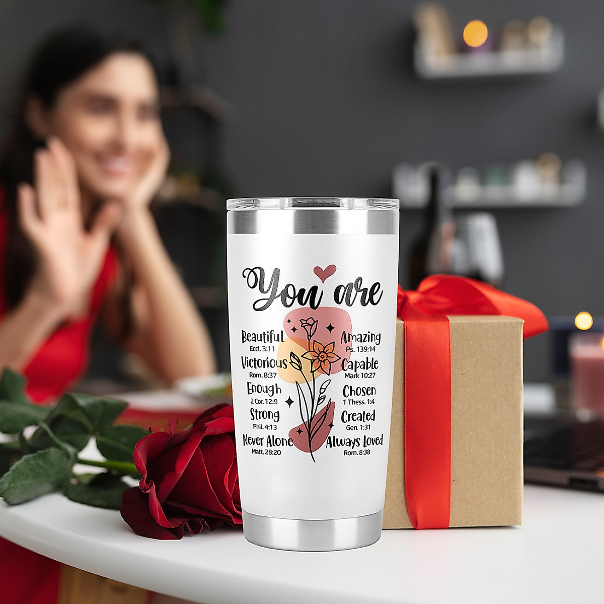 Lallamotion Christian Coffee Tumbler - Encouraging Gifts for Women, Mom, Sister, Wife & Pastor - 20oz White Tumbler