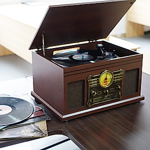 3-Speed Bluetooth Turntable with Stereo Speakers, CD/Cassette Player, FM Radio and Wireless Music Streaming - Mahogany