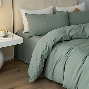 JIYUAN 100% Washed Cotton Duvet Cover Set Comfy Simple Style Soft Breathable Textured Durable Linen Feel Bedding for All Seasons Queen, Green