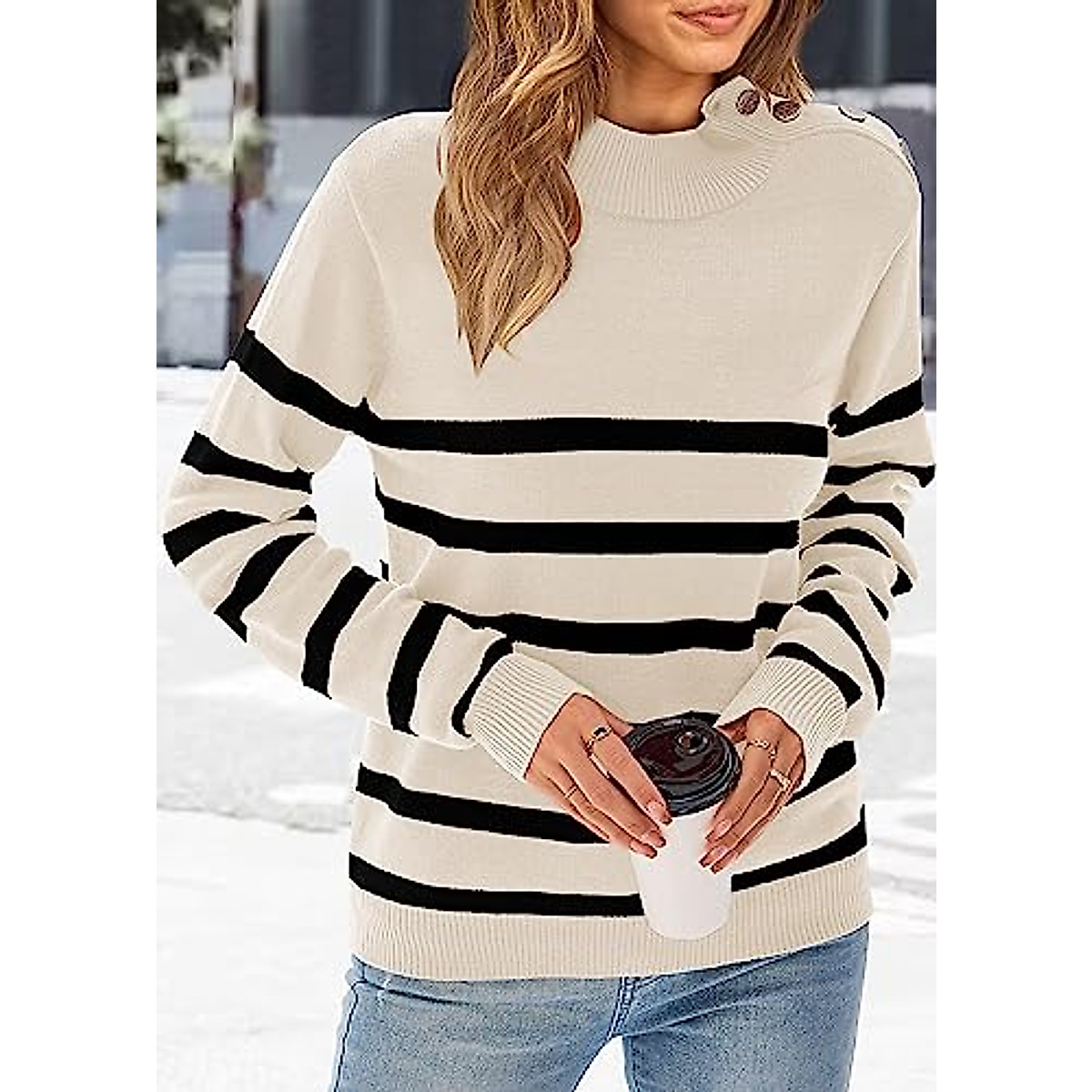 KIRUNDO Women's 2023 Fall Winter Long Sleeve Knit Sweater Turtleneck Striped Loose Pullover Tops Deco with Metal Buttons(White, Small)