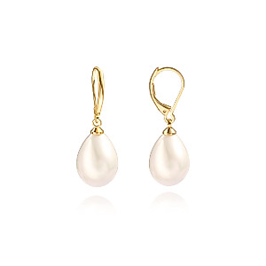 POTESSA Handpicked White Shell Pearl Earrings 18k Gold Plated Leverback Dangle Stud Pearl Earrings Jewelry for Women