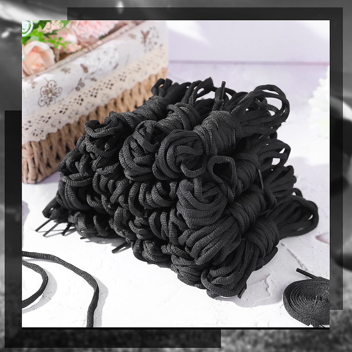 Xinnun 40 Pairs Oval Shoes Laces Bulk 1/4" Half Round Shoe Laces for Sneakers Black White Gray Colorful Shoelaces (Black, 47 Inch)