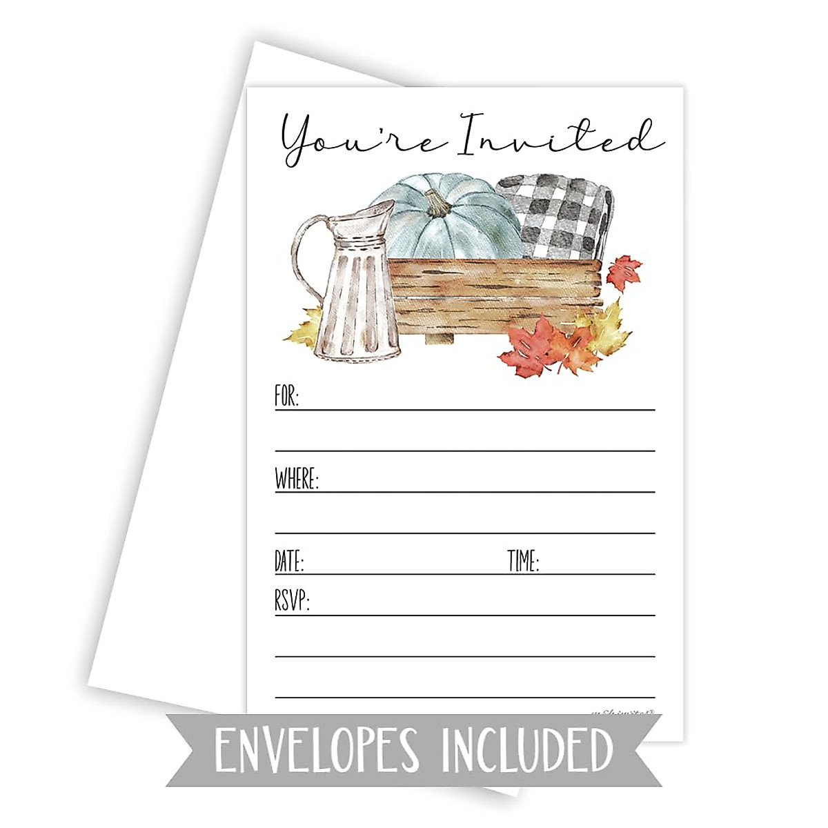 Rustic Fall Harvest Invitations - (20 Count) Autumn Country Watercolor 4x6 Invitations With Envelopes for Bridal, Baby Shower, Wedding, School, Neighborhood & Church Events