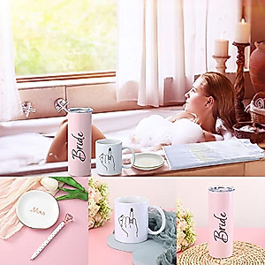 Janmercy 6 Pcs Bride Gifts Set Gift Box Bridal Shower Engagement Party 20 oz Stainless Steel Tumbler Cup Mug Jewelry Tray Silk Robes (L Size, White)