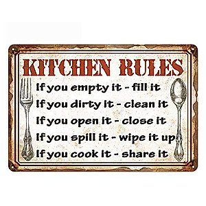 Original Retro Design Kitchen Rules Tin Metal Wall Art Signs, Thick Tinplate Wall Decoration Print Poster for Kitchen…