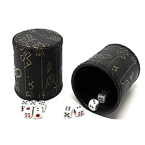 Asian Home Thy Collectibles Dice Cup with 5 Dices, PU Leather Professional Dice Shaker Cup Set for Yahtzee/Craps/Backgammon or Other Dice Games Chinese Calligraphy Design, 2 Pack
