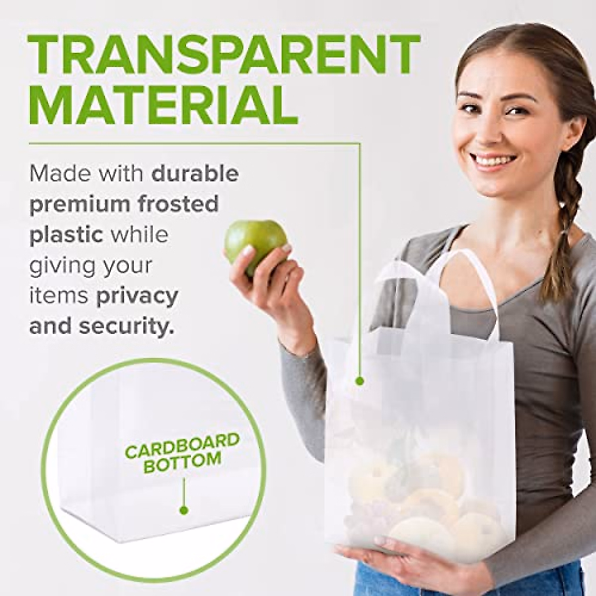 Prime Line Packaging - 8x4x10 Inch 100 Pack Plastic Bags with Handles, Small Gift Bags, Shopping Bags for Small Business, Clear Frosted White in Bulk for Boutiques, Retail Stores, Gifts & Merchandise