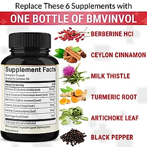 Berberine with Ceylon Cinnamon, Turmeric, Milk Thistle, Artichoke, Black Pepper - 150 Count - Pack of 1