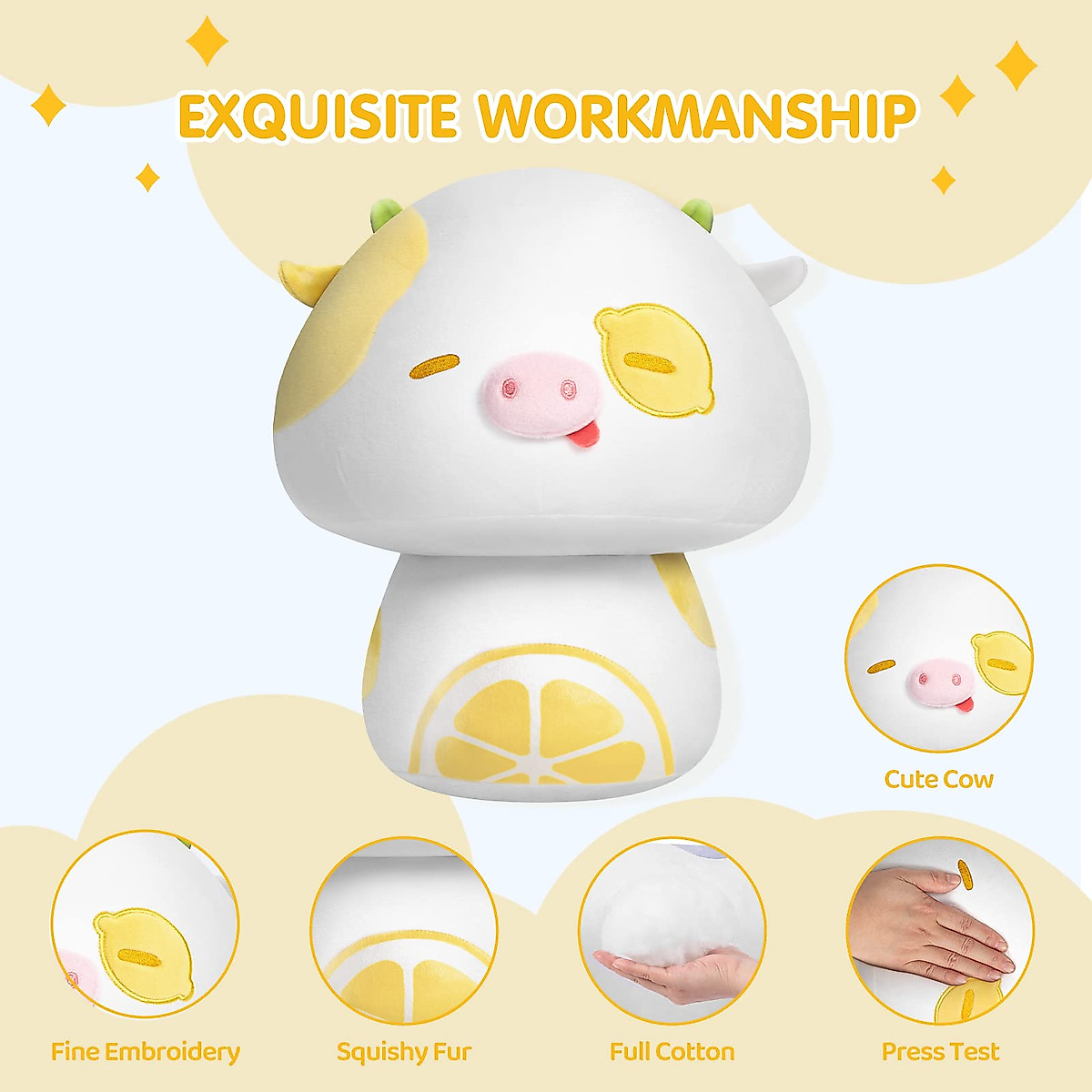 Mewaii Squishy Cloud-Like Softness, Trending Kawaii Lemon Cow Mushroom Plush Pillow, A Must-Have Collectible for Young Adults, Perfect for Kids, Toddlers Girls, Stuffed Animal Decor (8")