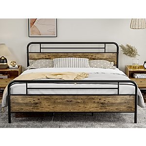 IKIFLY California King Bed Frames with Wood Headboard Footboard, Farmhouse Metal Cal King Platform Bed, Heavy Duty Steel Slats, 12" Under Bed Storage, Noise Free, No Box Spring Needed - Rustic Brown
