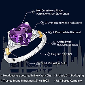 Gem Stone King 925 Silver and 10K Yellow Gold 10MM Heart Gemstone Birthstone White Moissanite and White Diamond Engagement Ring For Women | Available in Size 5,6,7,8,9